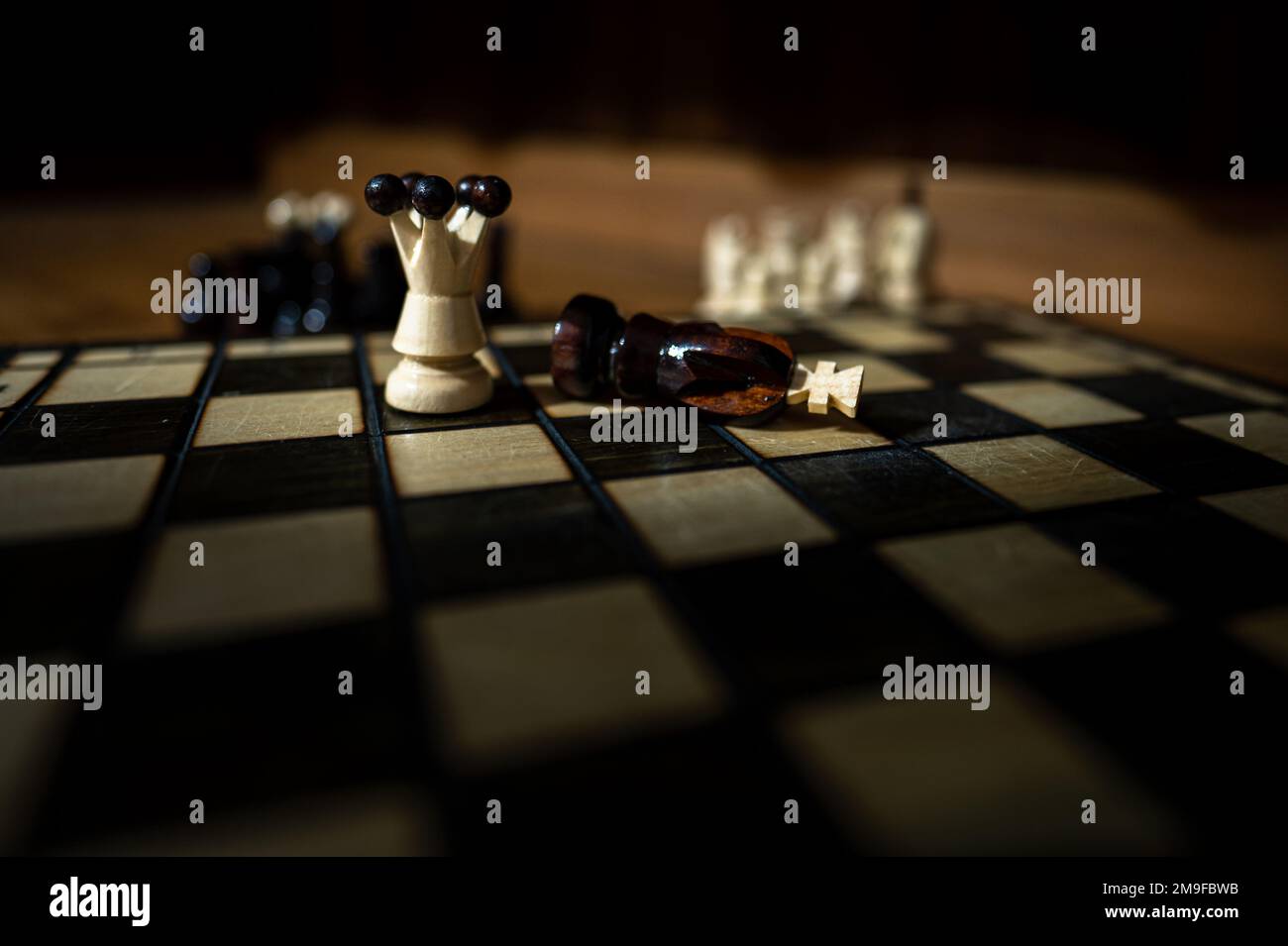 Blurred background with a low depth of focus. The set of wooden chess ...