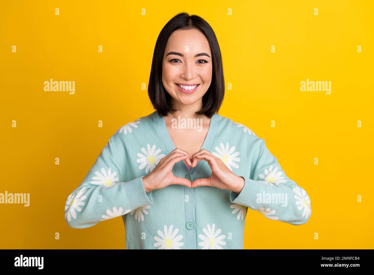 Photo of positive petty grateful lovely lady wear stylish print clothes ...