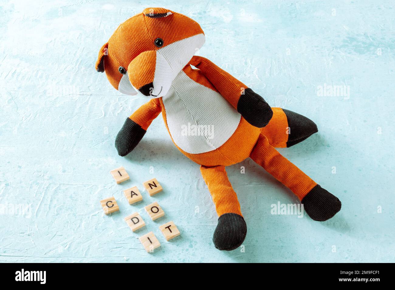 I can do it, motivational banner with a toy fox on a blue background ...