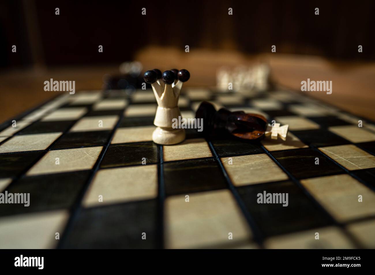 Blurred background with a low depth of focus. The set of wooden chess ...