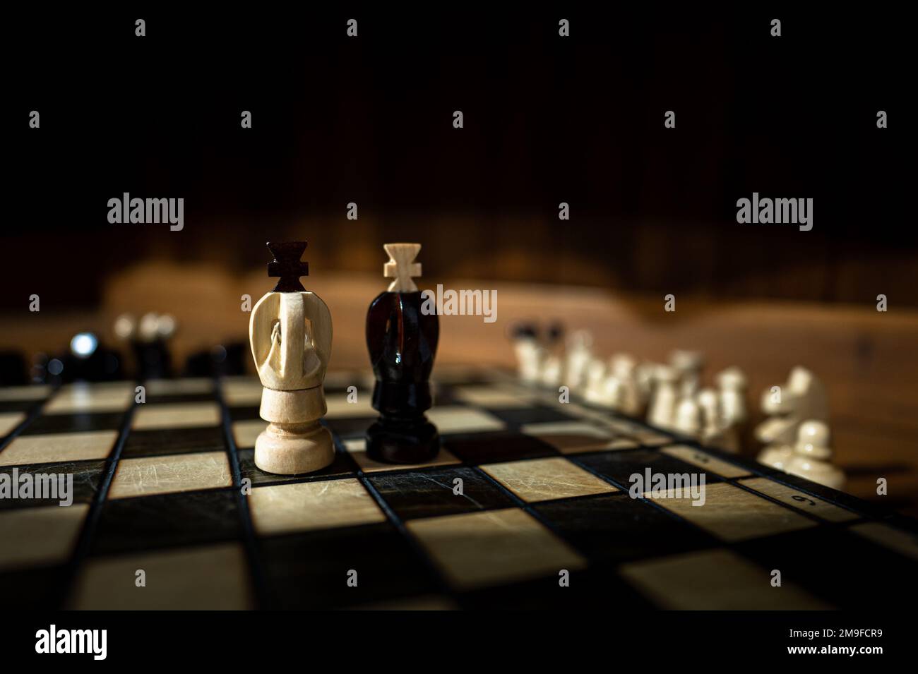 Blurred background with a low depth of focus. The set of wooden chess ...