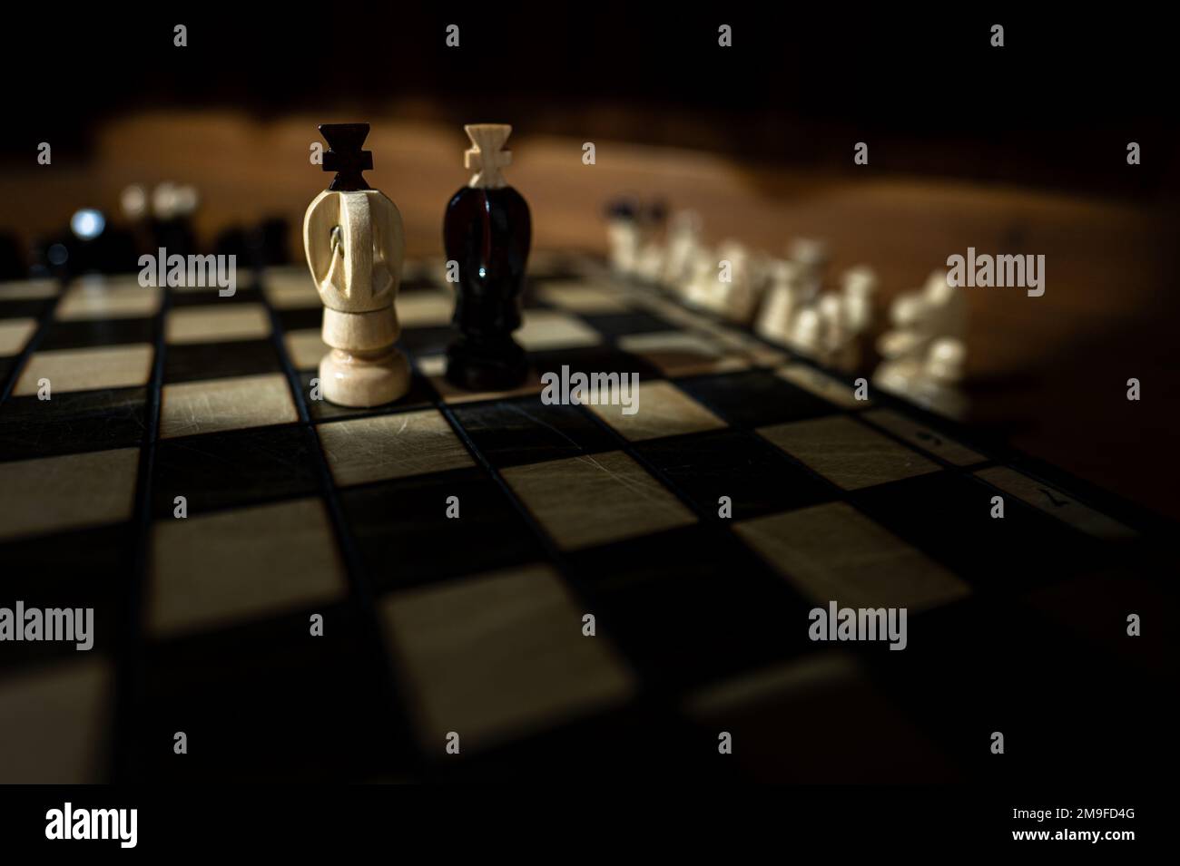 Blurred background with a low depth of focus. The set of wooden chess ...