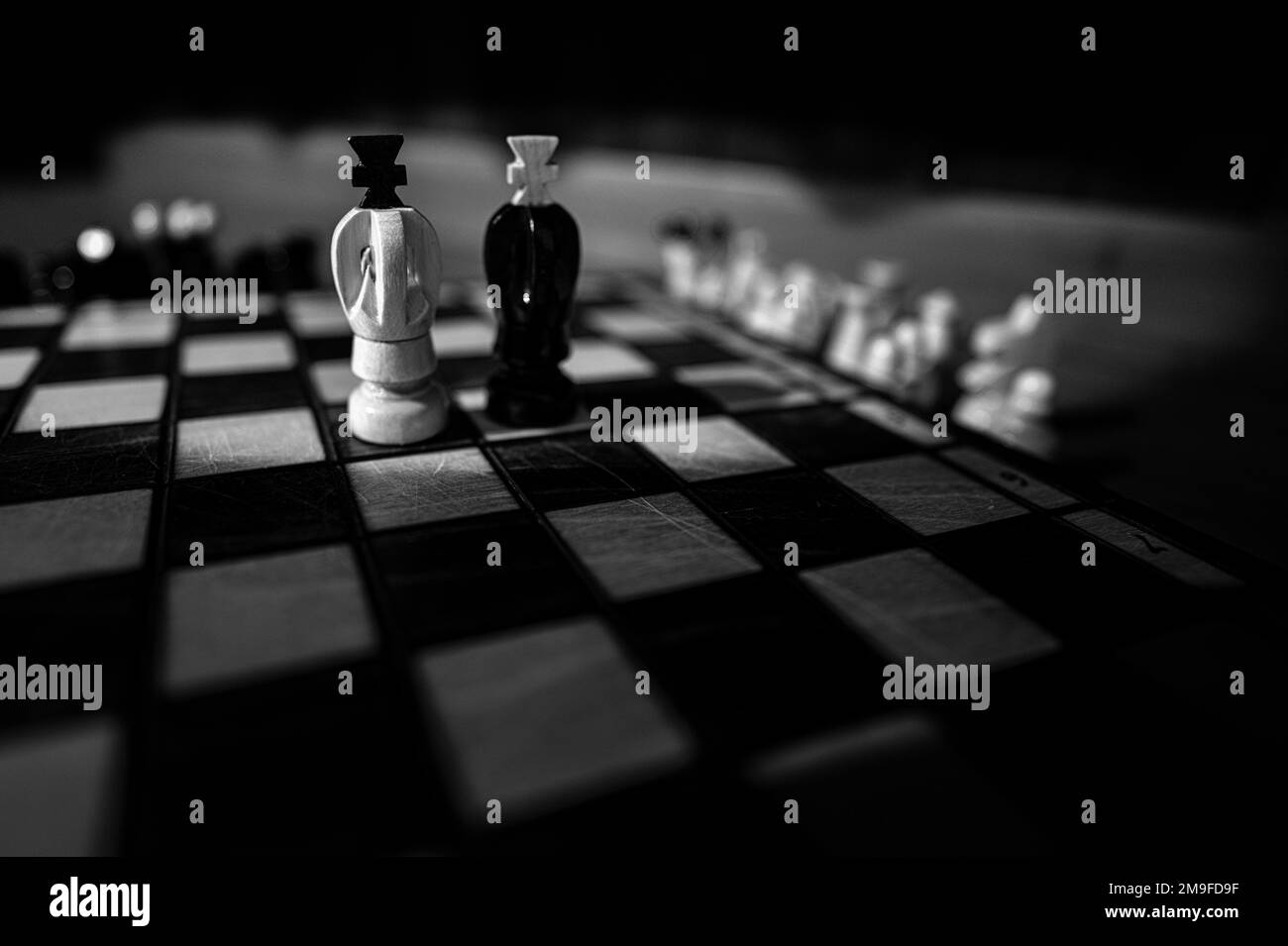 The set of wooden chess pieces elements standing on chess board on dark ...