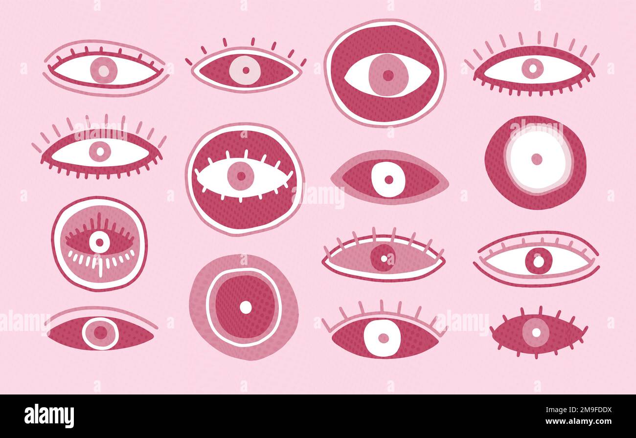 Set of evil eye elements in a primitive style art. Drawn in a sloppy ...