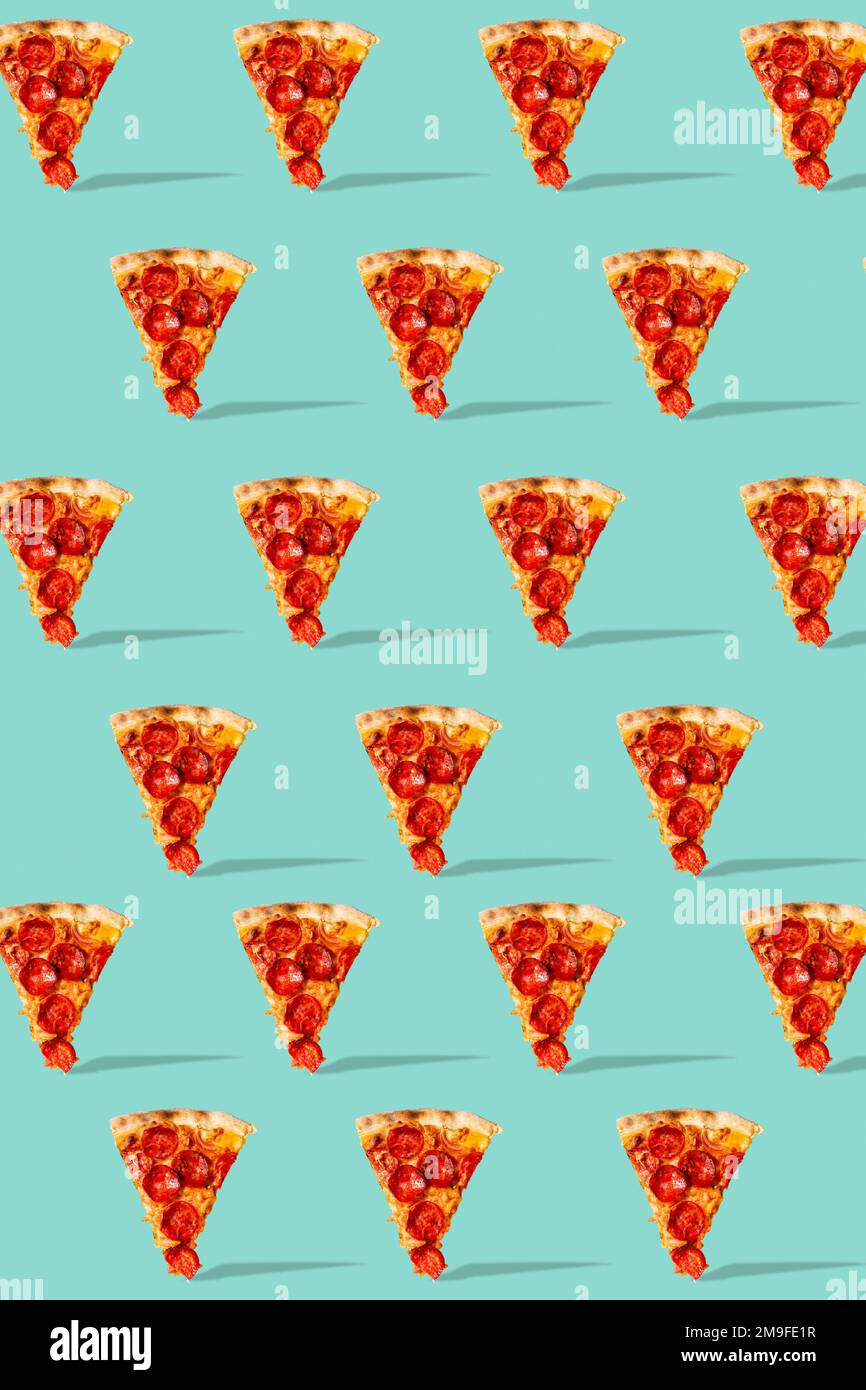 Pattern with a piece of pepperoni pizza on a blue background. Pizza ...