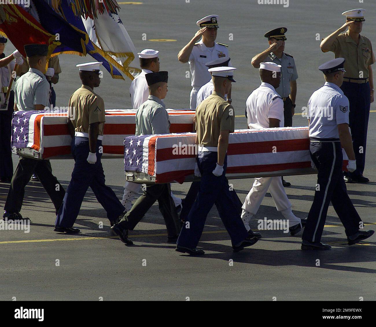 Members of a multi-service honor guard carry caskets holding the ...