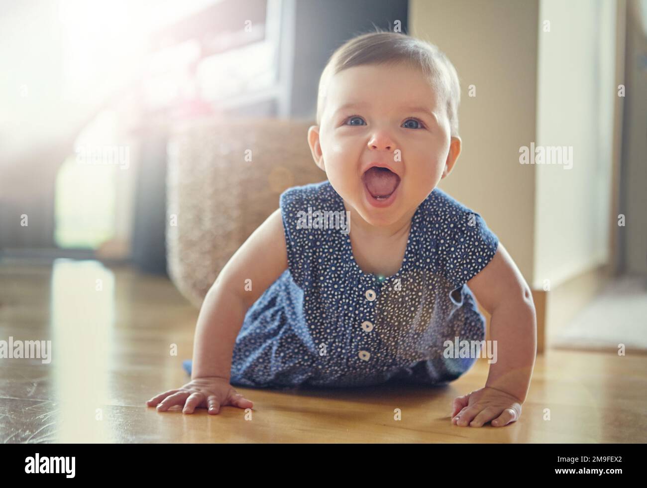 Baby on floor, happy in portrait with development and growth, early ...