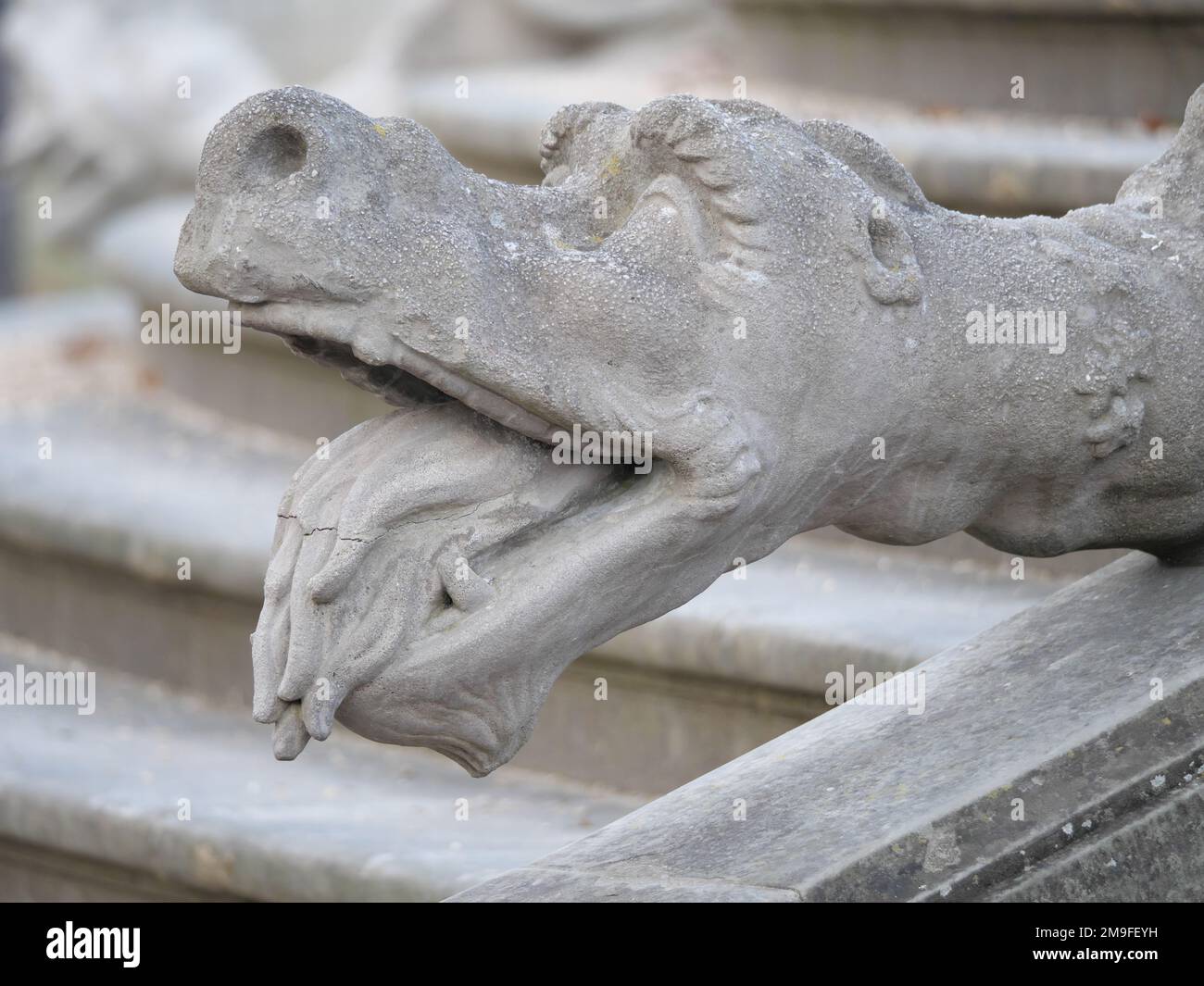 Baroque statue of a dragon head in a palace park in front of a ...