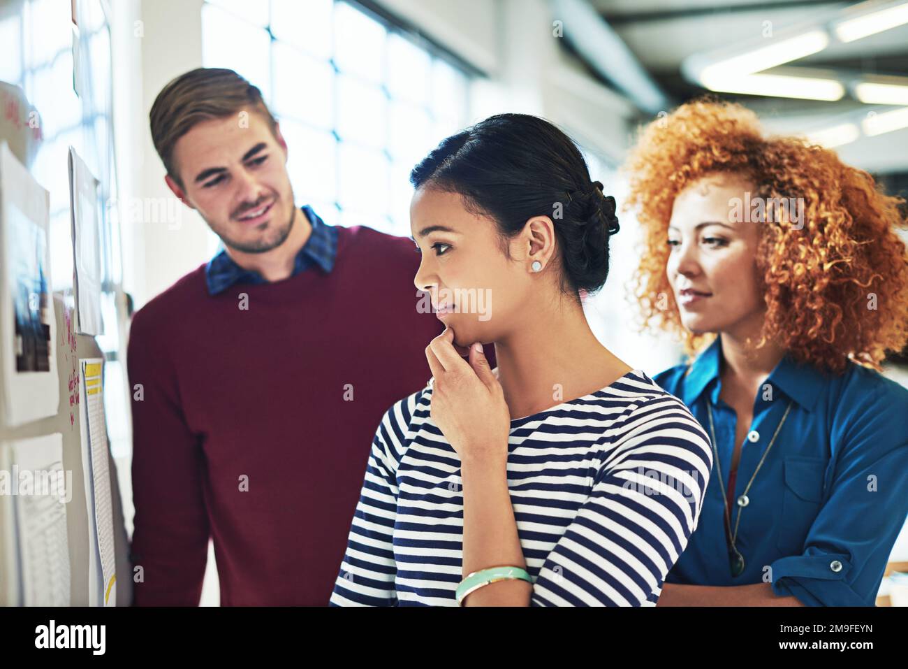 Business people, board and thinking in office with focus, learning or ...