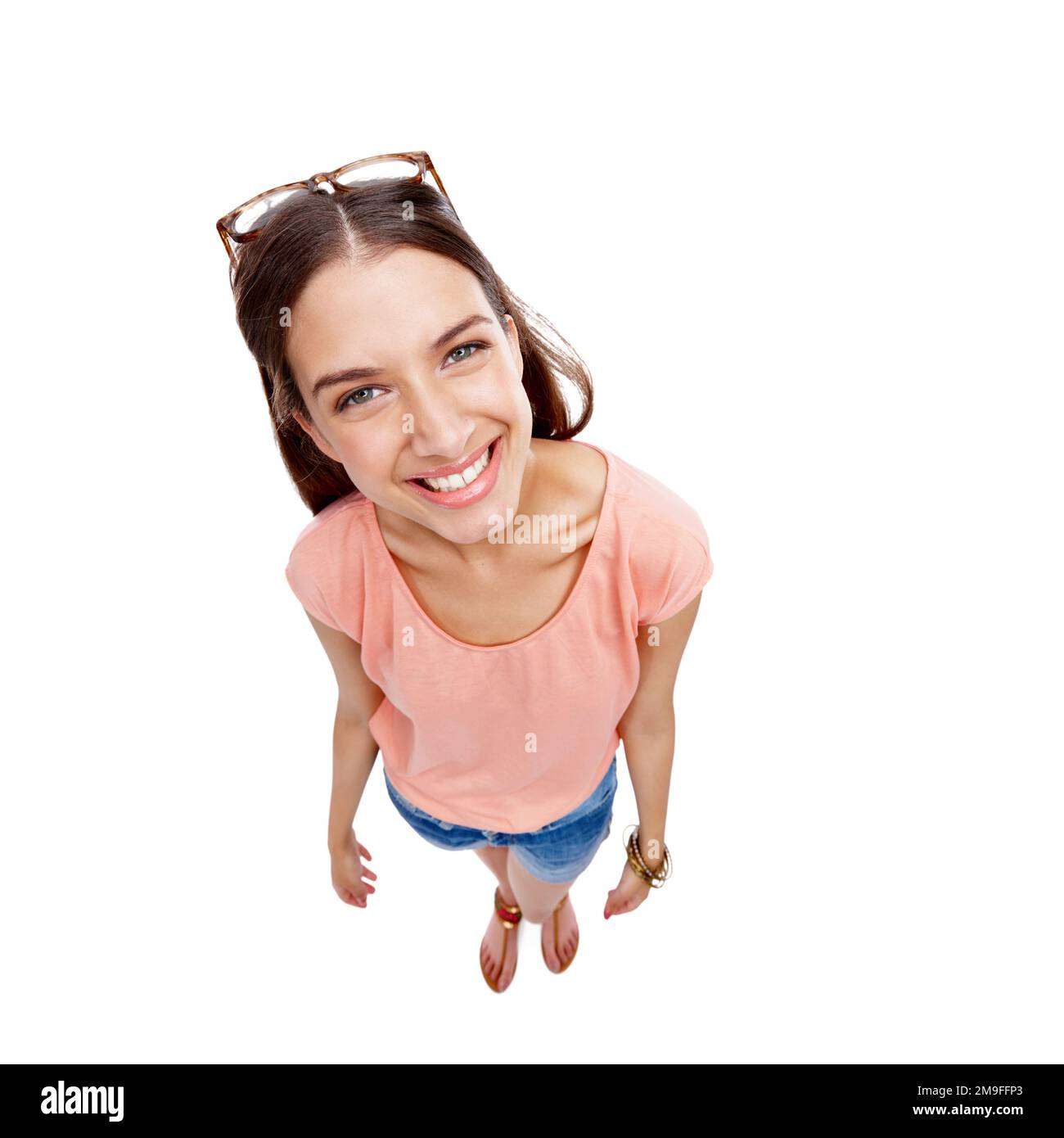 Top view, portrait and woman with smile, glasses and girl isolated on ...