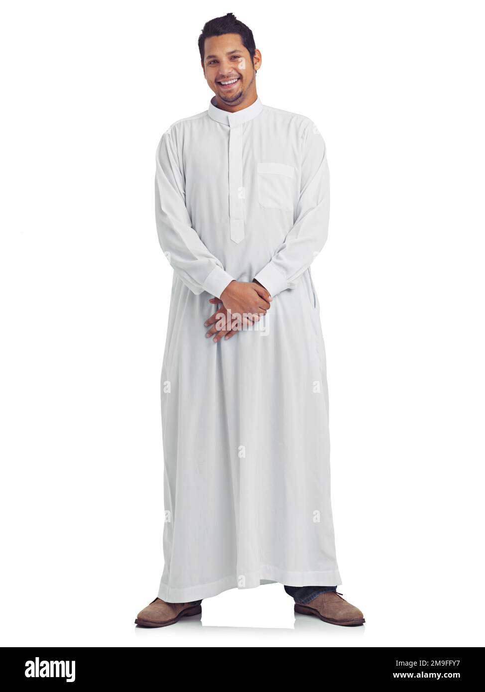 Islamic clothes, muslim man and studio portrait isolated on white ...