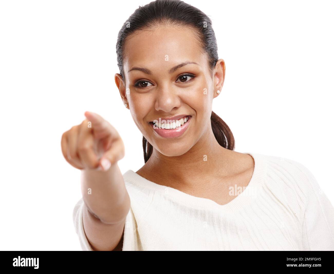 Face, pointing and showing with a black woman in studio isolated on a ...