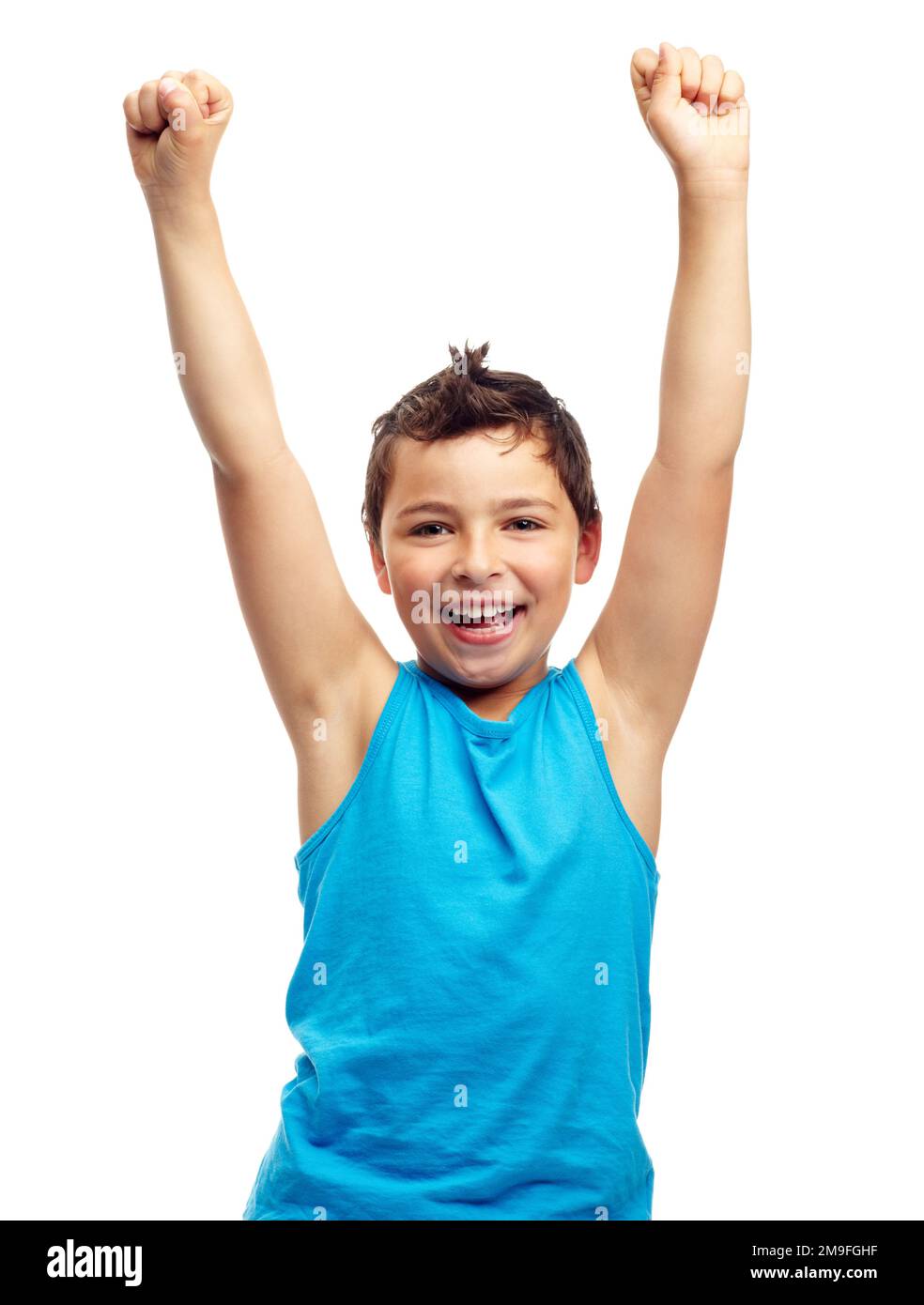 Children, portrait and winner with a boy in studio isolated on a white ...