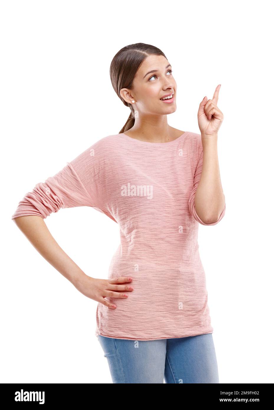 Mockup, woman and pointing up at space for product placement ...