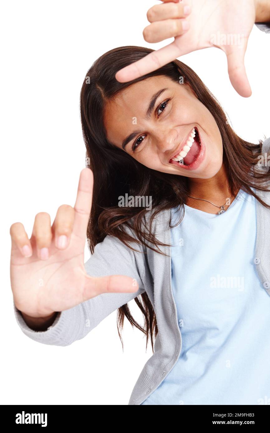 Woman face, portrait and hands framing of a model smile with happiness ...