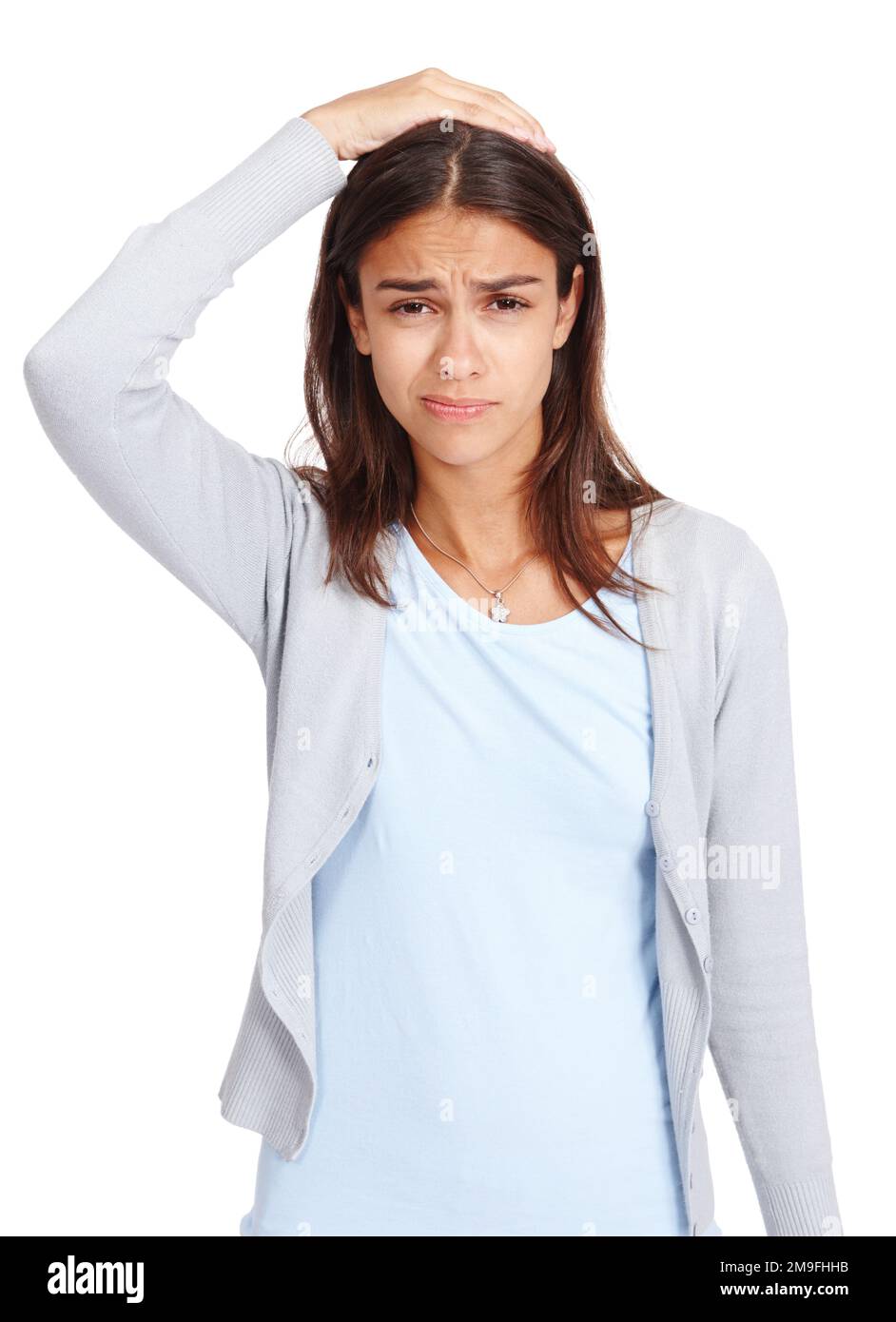 Stress, confused and portrait of woman in studio with puzzled, doubt ...
