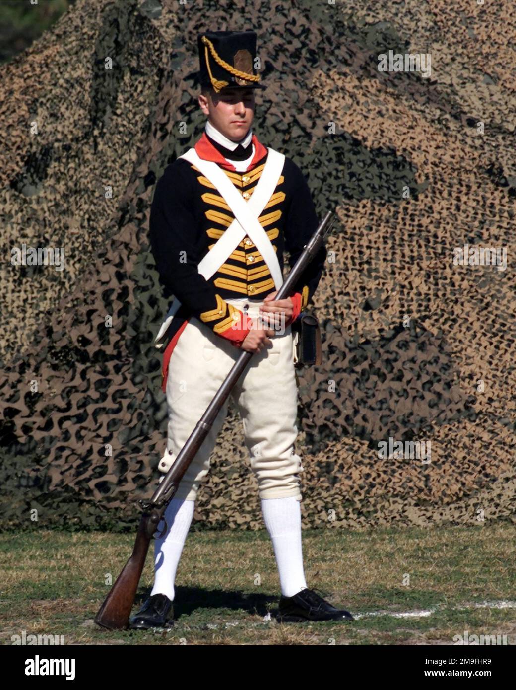 A US Marine displays the US Marine Corps Revolutionary War Uniform, as ...