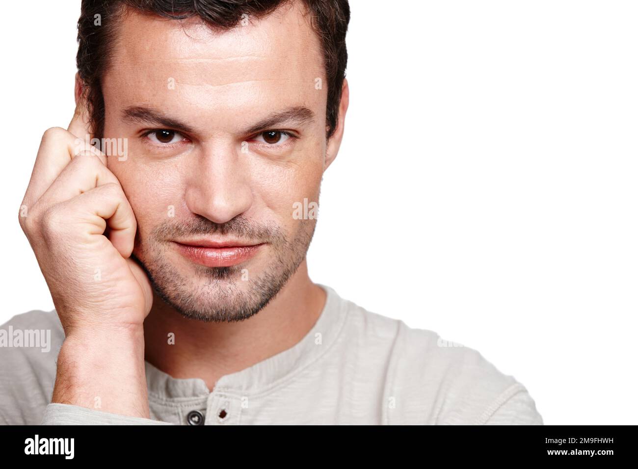 Portrait, mockup and serious with a man in studio isolated on a white ...
