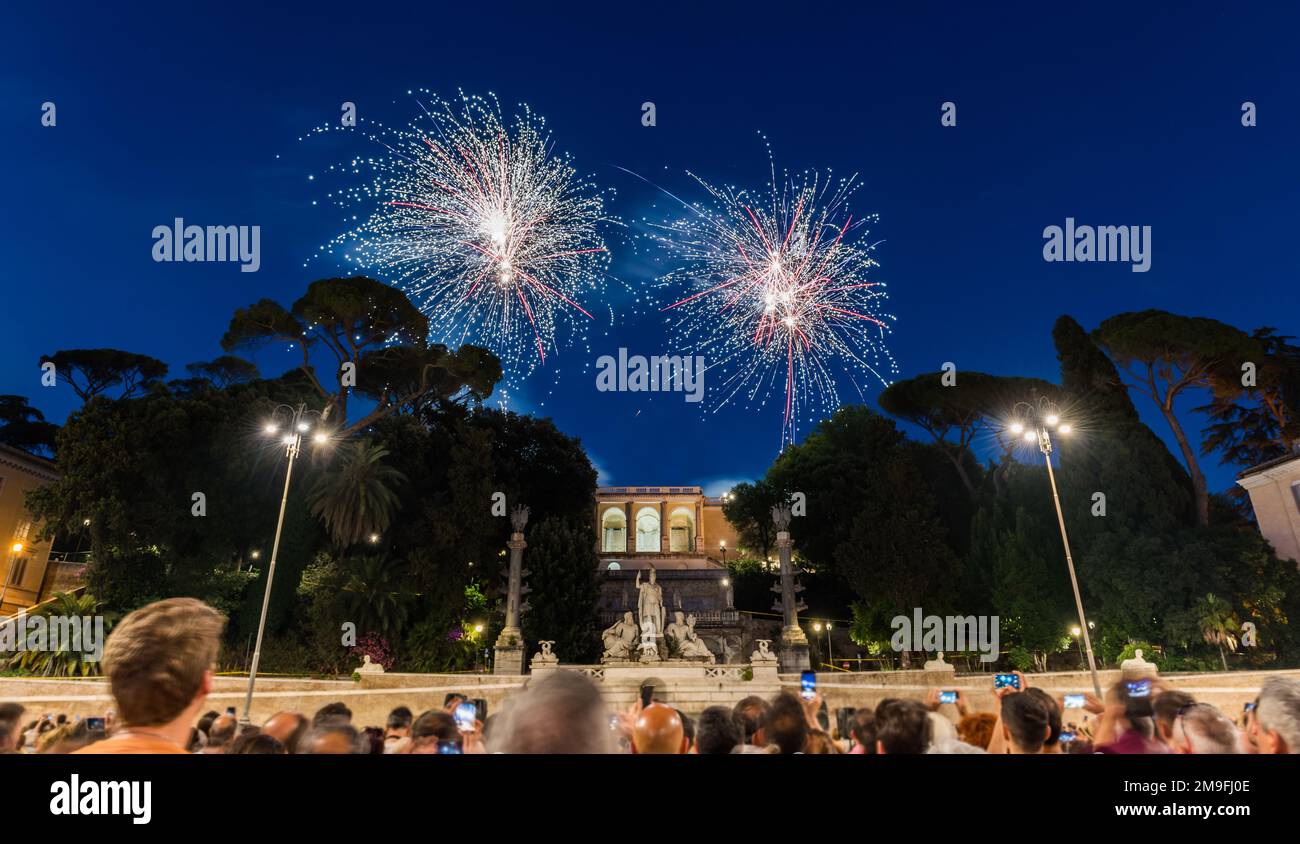 Fireworks for celebrate its Patron Saints' Day. PIAZZA DEL POPOLO, ROME ...