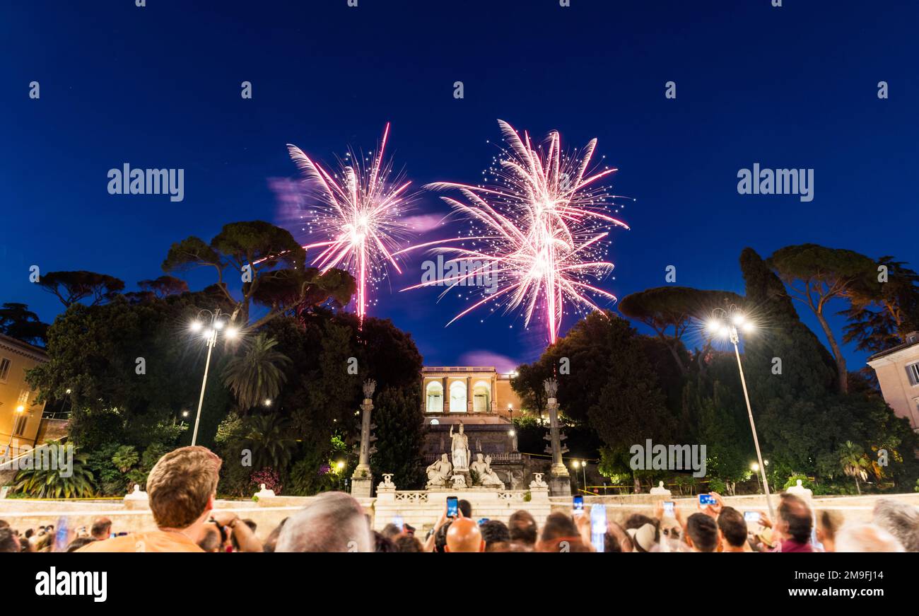 Fireworks for celebrate its Patron Saints' Day. PIAZZA DEL POPOLO, ROME ...