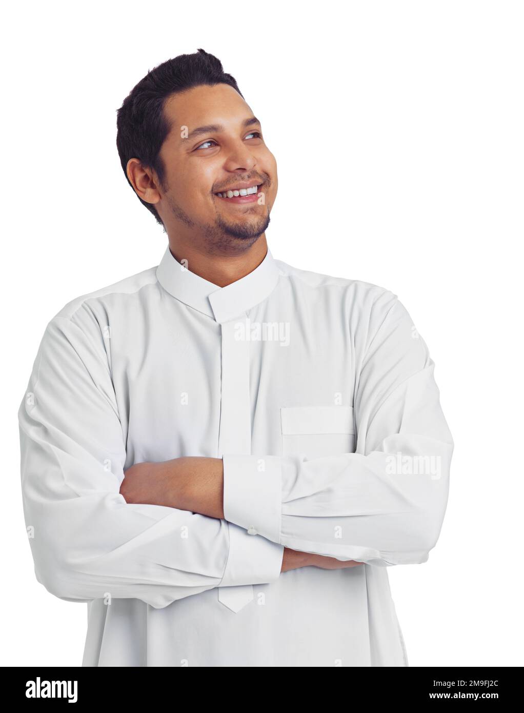 Muslim man, studio and thinking of islamic culture isolated on white ...