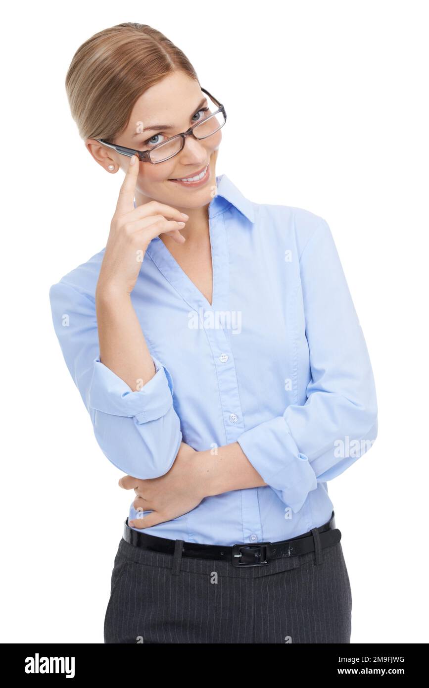 Portrait, corporate and woman with glasses, employee and lady isolated ...