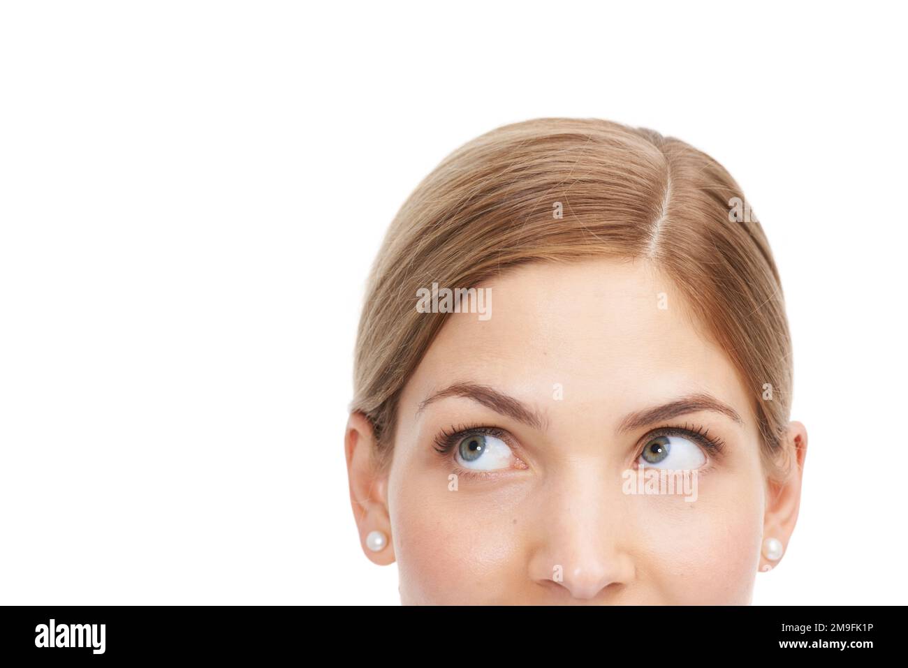 Woman, half face and thinking of vision in studio, mockup faq space or ...