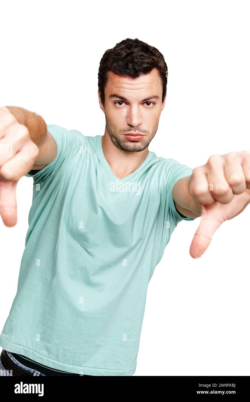 Man, hands and thumbs down standing in disappointment for fail, wrong ...