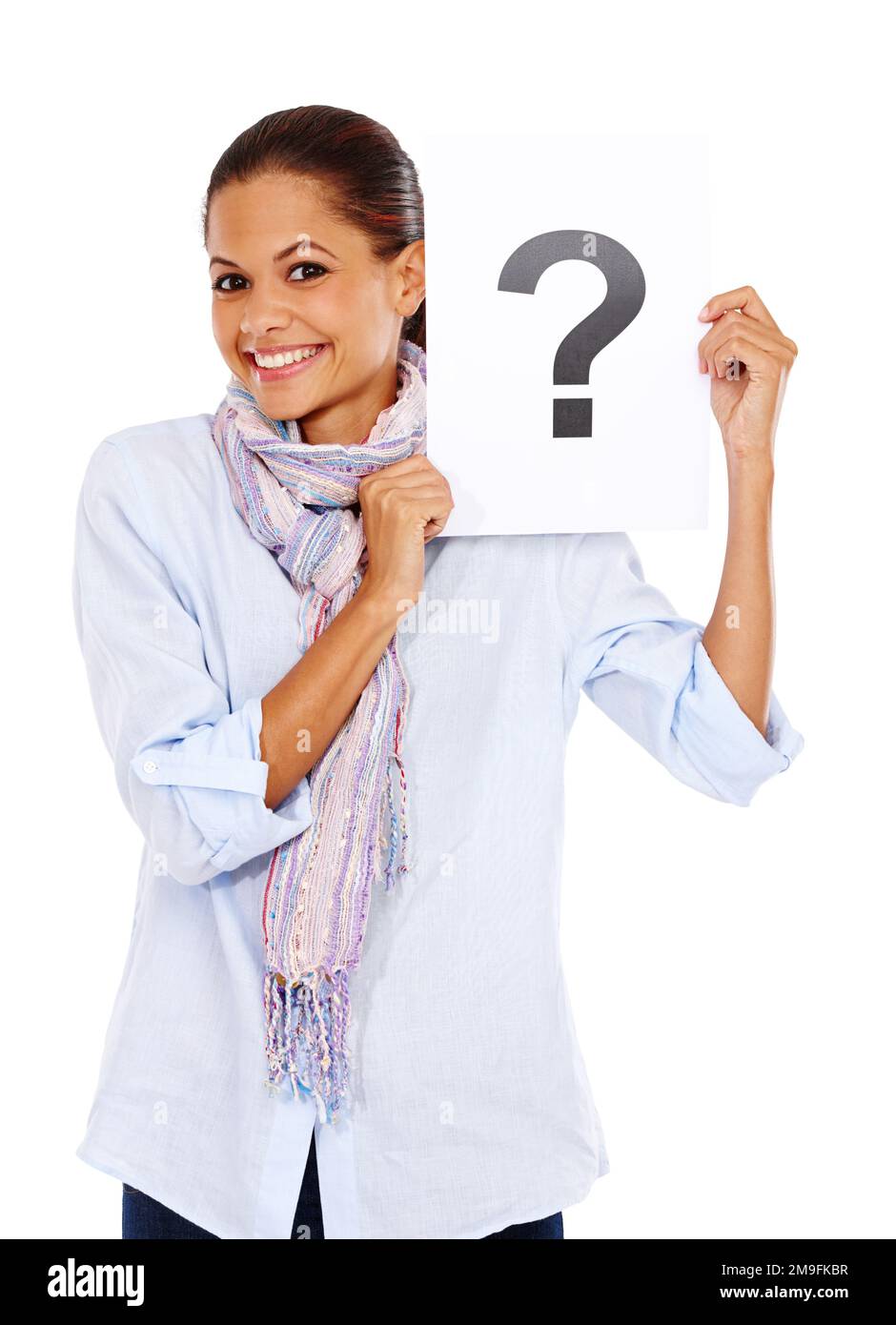 Woman with question mark poster, portrait and question with branding or ...