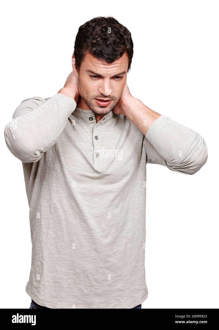 Neck pain injury, problem and studio man with emergency crisis ...