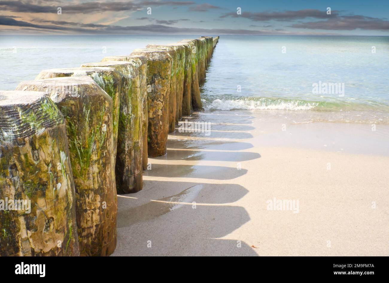 on the beach of the baltic sea in zingst. view of the sea with groyne ...