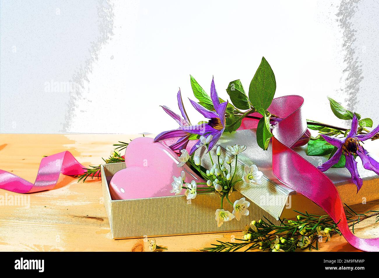 Gift Box With A Pink Heart Shape Different Flowers And A Ribbon