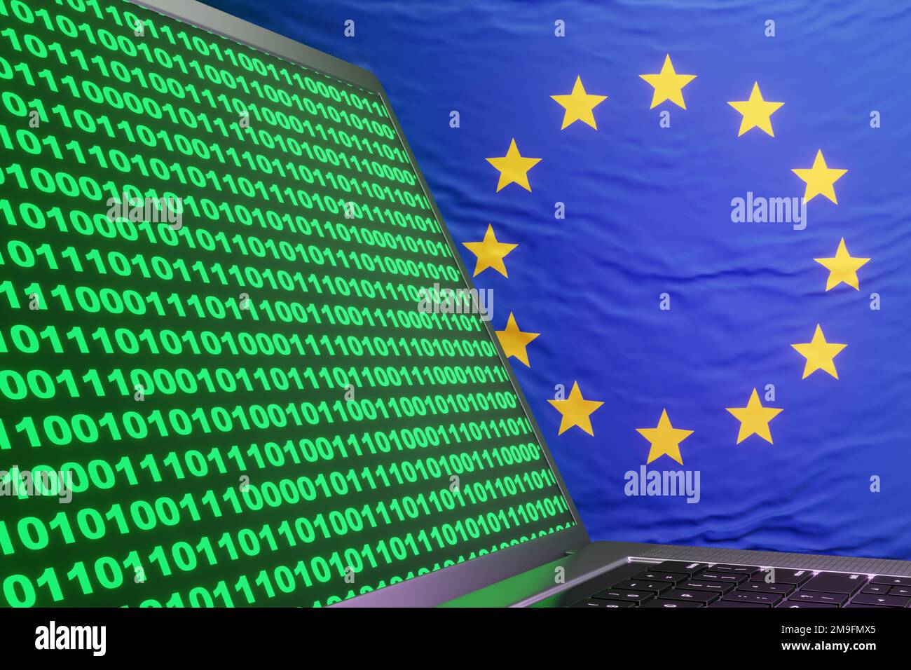 Silver laptop showing computer binary code on European Union flag ...