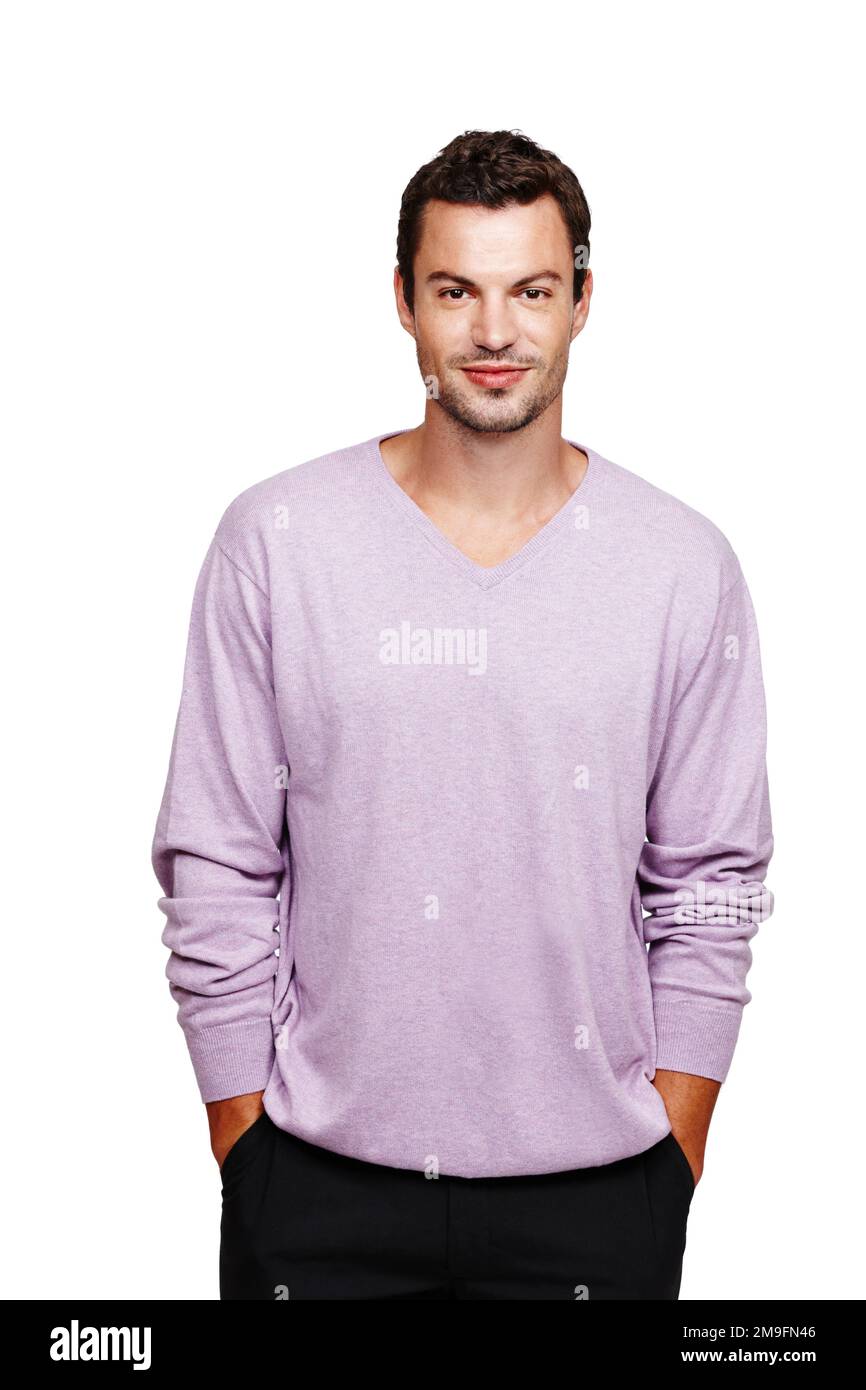Man, calm and portrait of a model relax with hands in pockets in a ...