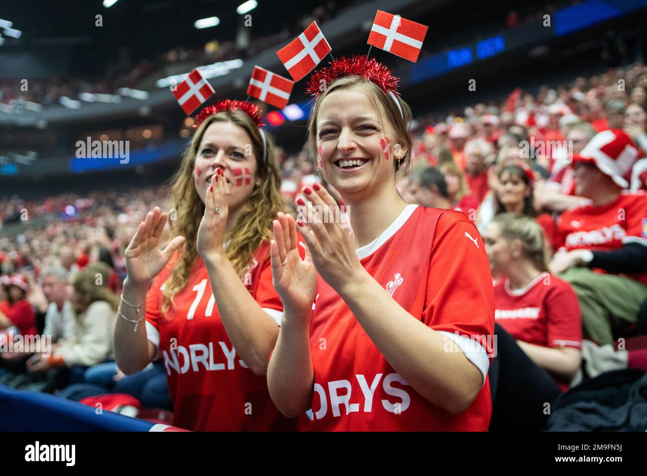 Malmo, Sweden. 17th Jan, 2023. Danish handball fans dressed in red and ...