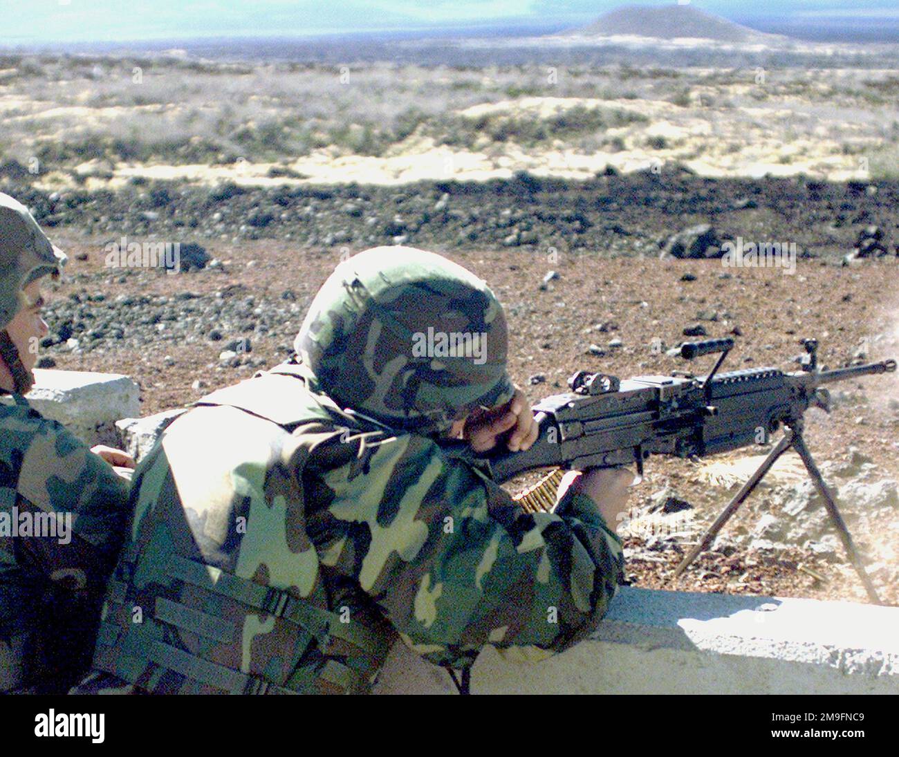 US Marine Corps Private First Class J. Heredia fires at a target with ...