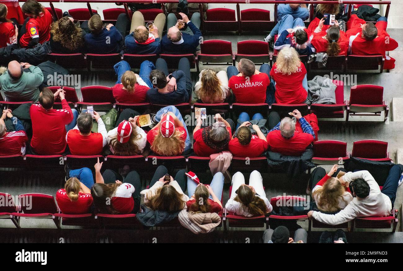 Malmo, Sweden. 17th Jan, 2023. Danish handball fans dressed in red and ...