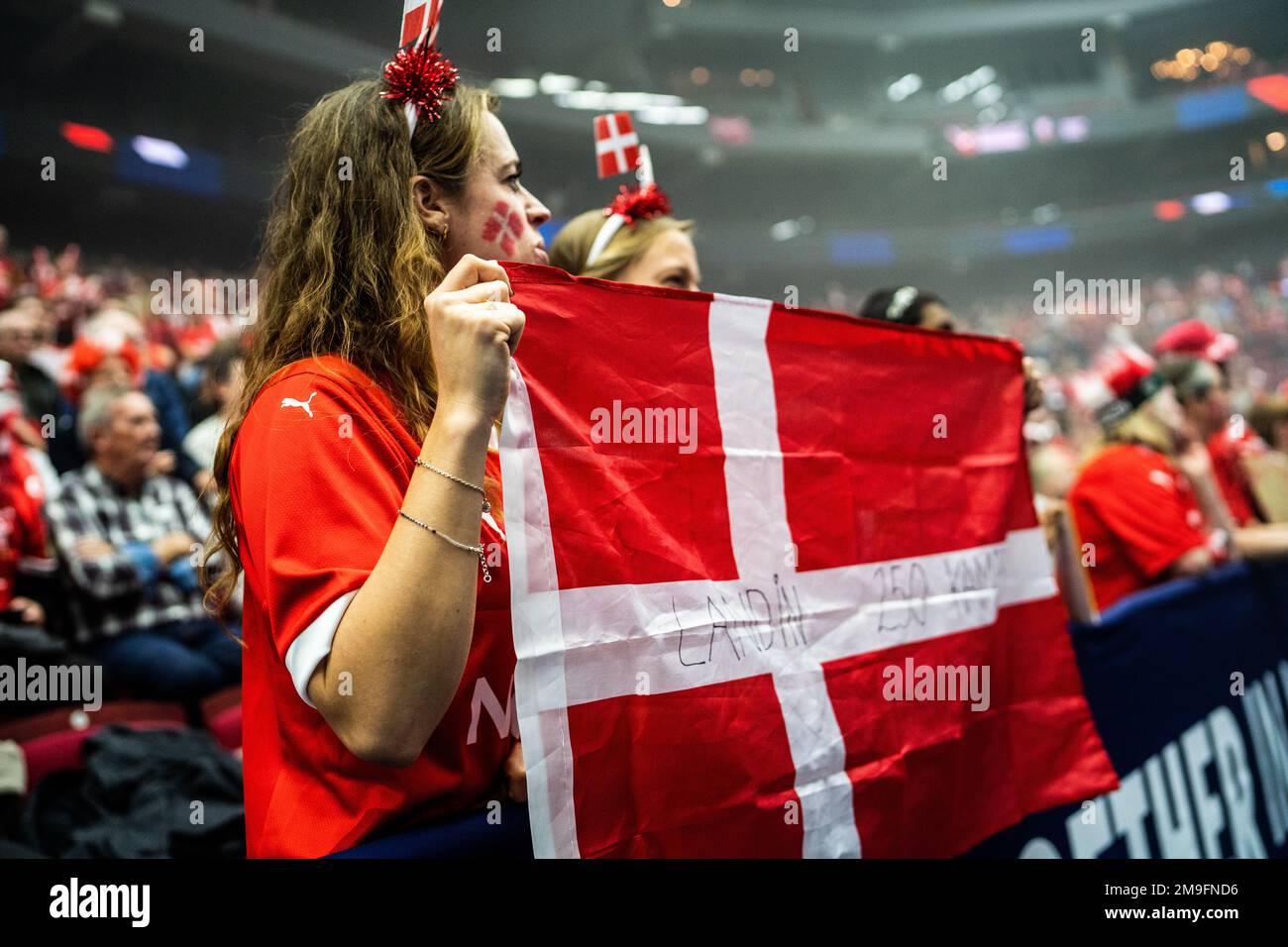 Malmo, Sweden. 17th Jan, 2023. Danish handball fans dressed in red and ...
