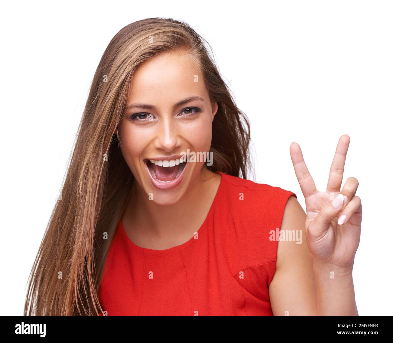 Woman, studio portrait and peace hand with happiness, smile and beauty ...
