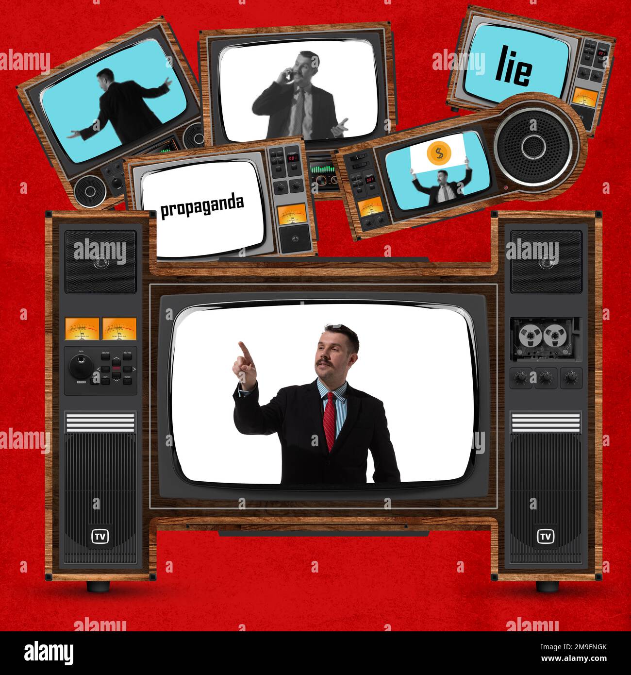 Contemporary art collage. Conceptual design. Businessman, journalist ...