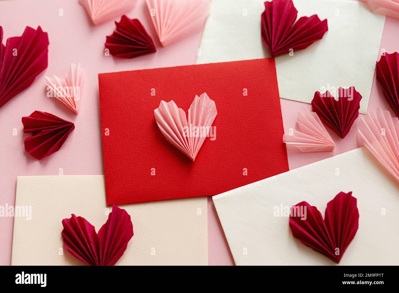 Happy Valentine's day! Stylish envelopes with pink and red hearts flat ...