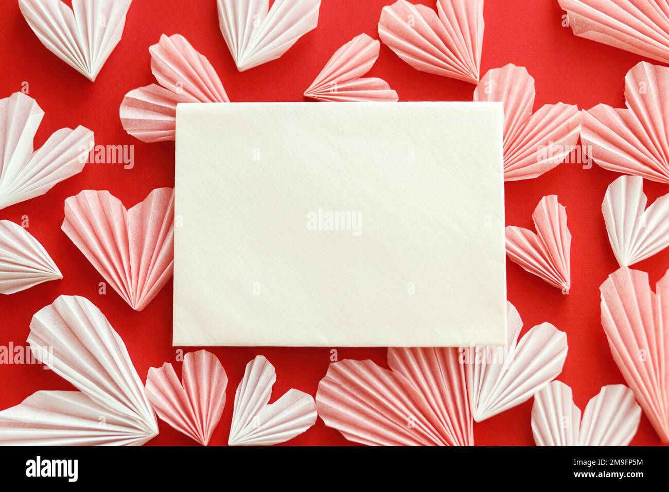 Happy Valentine's day! Empty card and stylish red and pink hearts flat ...