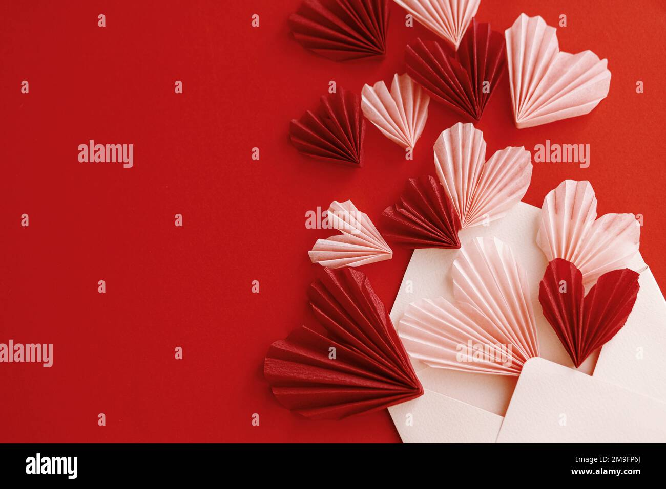 Happy Valentine's day! Stylish envelope with red and pink hearts flat ...