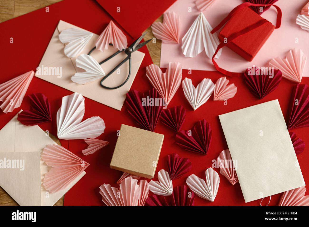Happy Valentine's day! Stylish empty card, gift box, red and pink ...