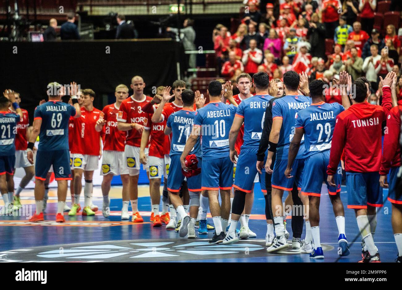 Malmo, Sweden. 17th, January 2023. The players from the two teams greet ...