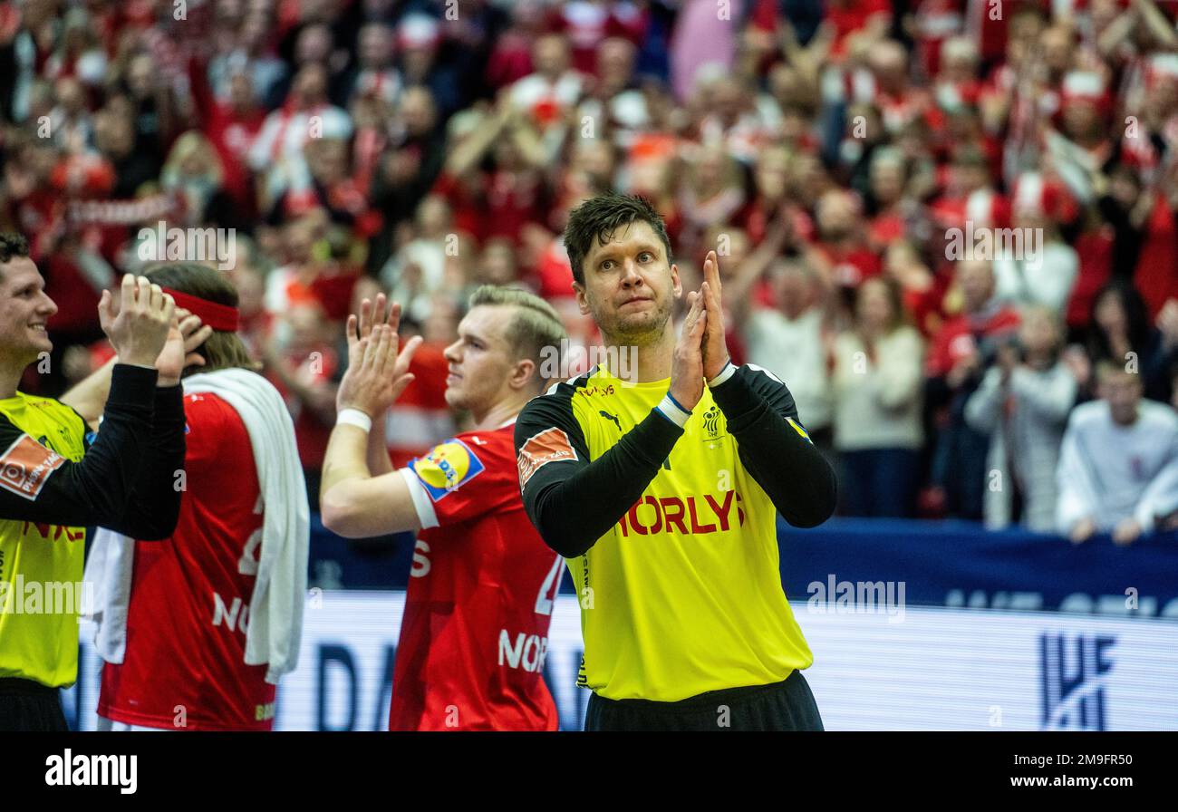 Malmo, Sweden. 17th, January 2023. Niklas Landin (1) of Denmark thanks the fans after the IHF ...