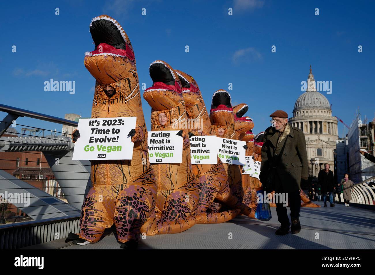 Passers by look towards PETA (People for the Ethical Treatment of Animals) supporters dressed in ...