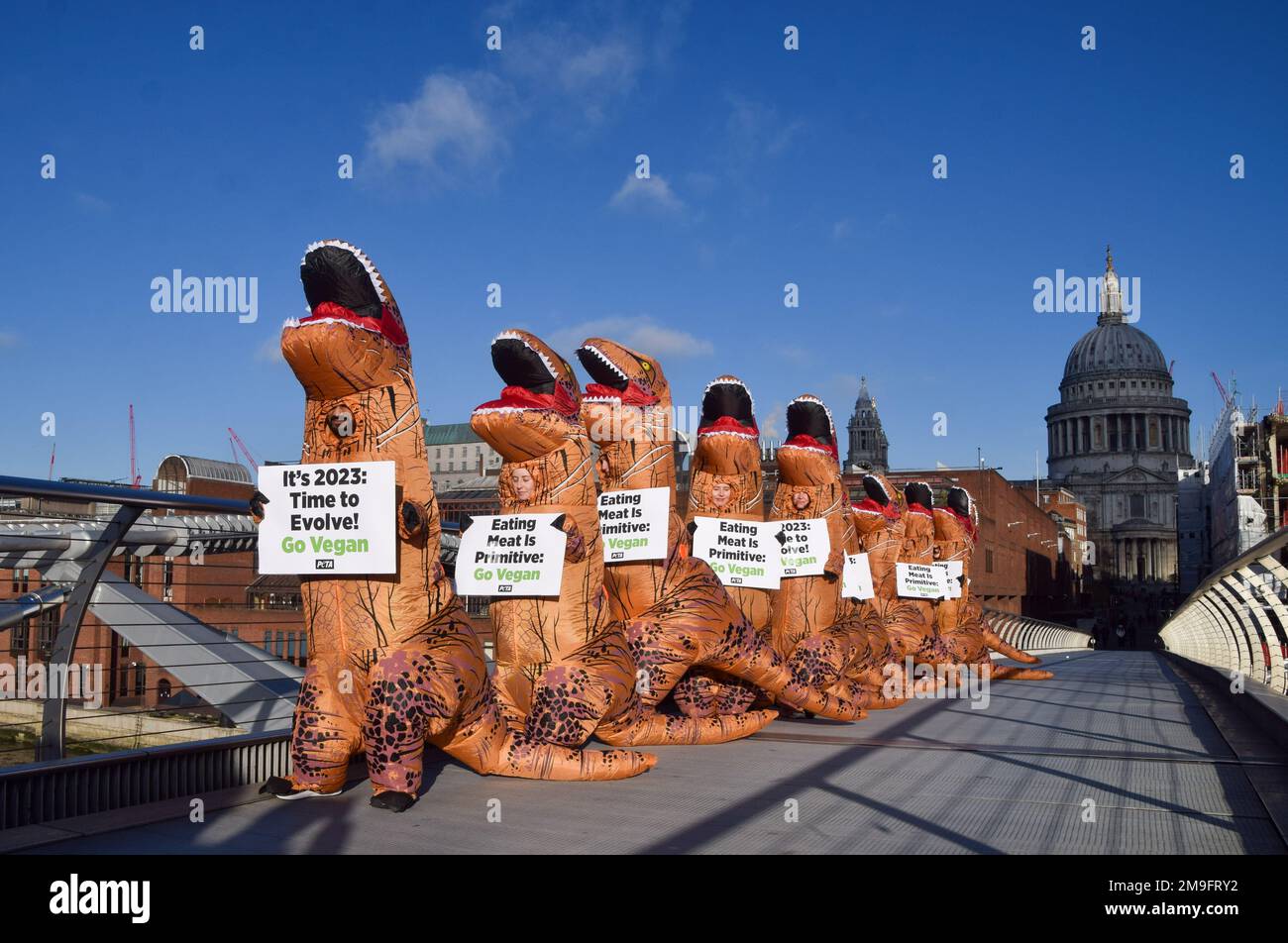 London, UK. 18th January 2023. PETA activists wearing dinosaur costumes ...