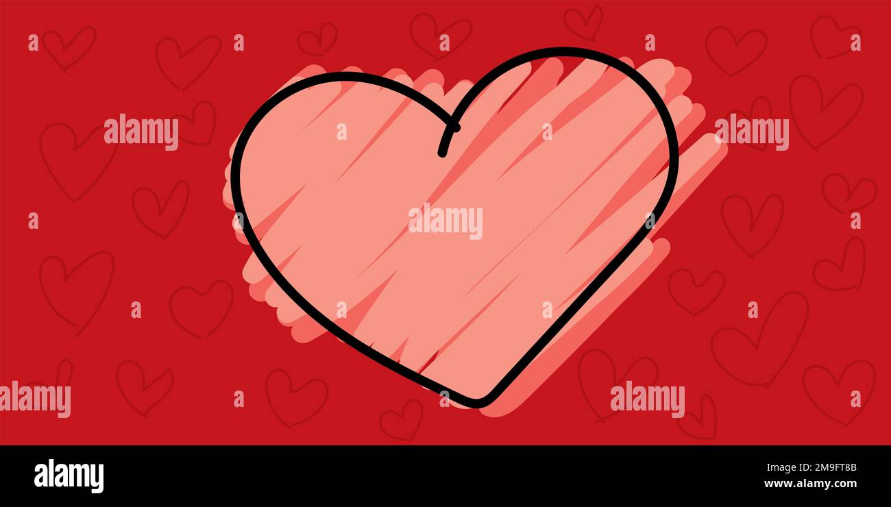 Heart shape doodle line on red background. Heart sharp childish ...