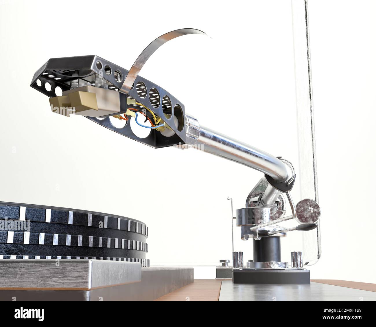 A 3D render of a turntable record player with a tone arm on a white ...